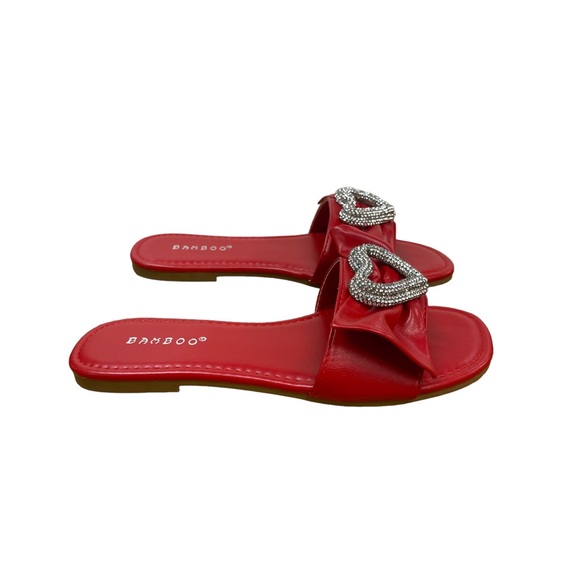 Shoes | Womens Red Flats Sandal Slides With Rhinestone Heart Bow ...